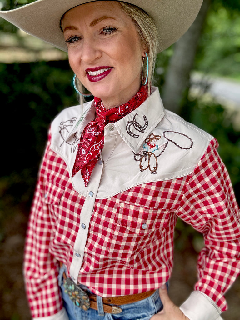 The Red Raider gingham pearl snap – Jesses Jewelz